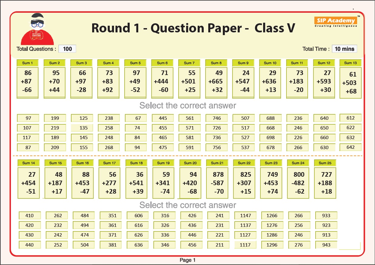 SIP Arithmetic Genius Contest [AGC] Sample Papers 2021