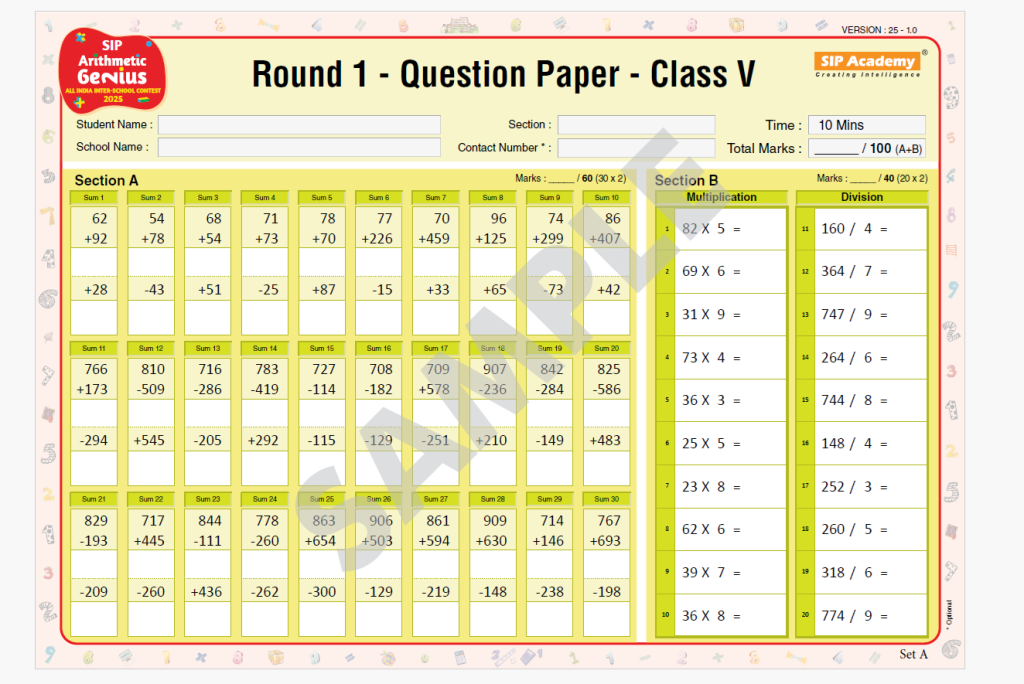 SIP Arithmetic Genius Contest Sample Question Paper 2025 [AGC]